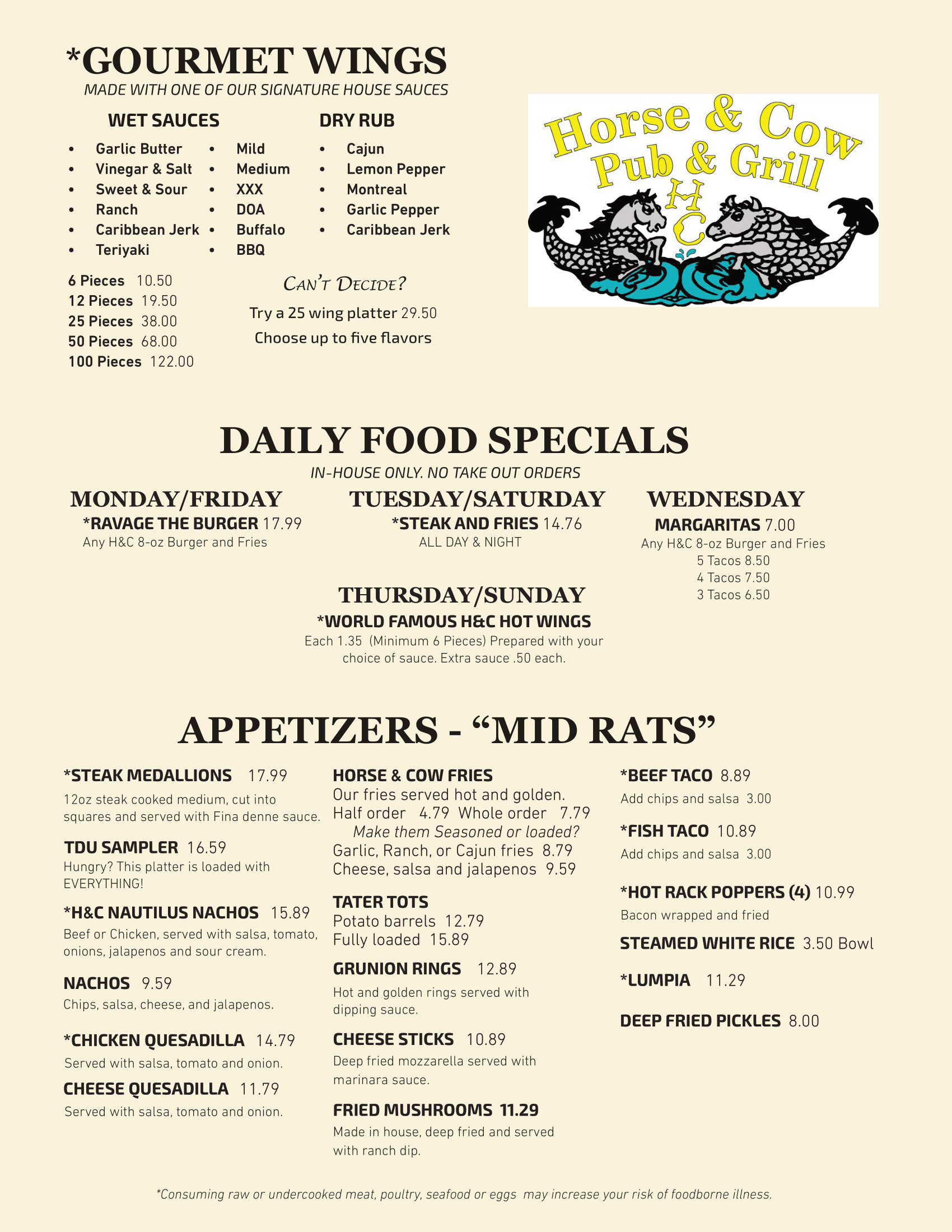 Our Menu – Horse & Cow | Pub & Grill